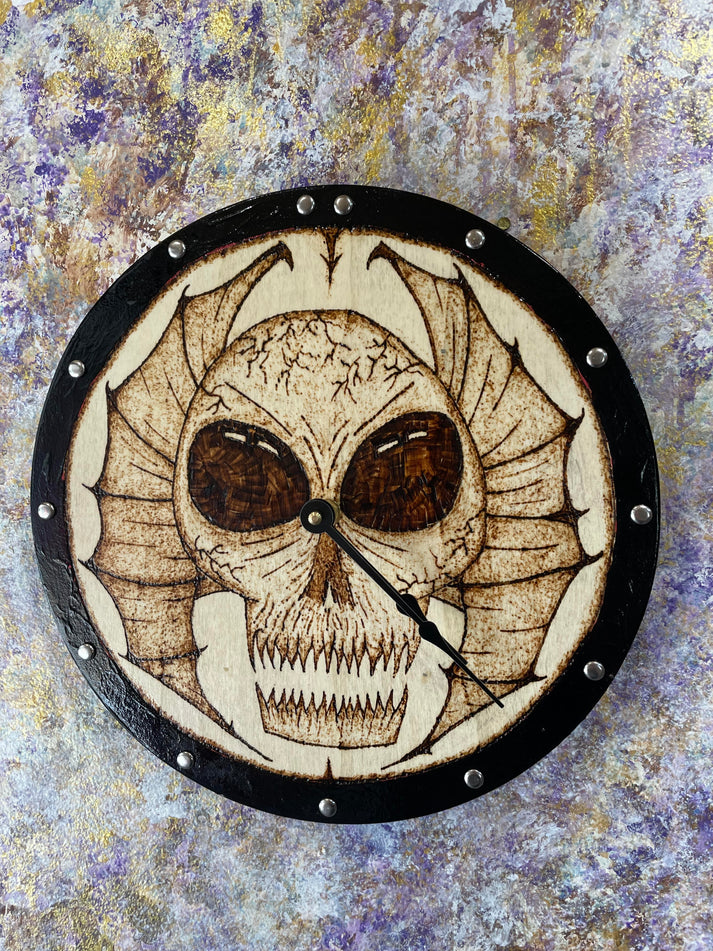 "Batwing Skull" Wood Pyrography Clock – 90 Degree Brain